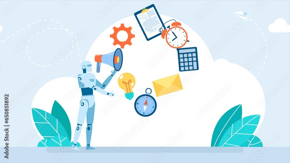 The robot performs many tasks at the same time. Artificial intelligence is multitasking. Robot ...