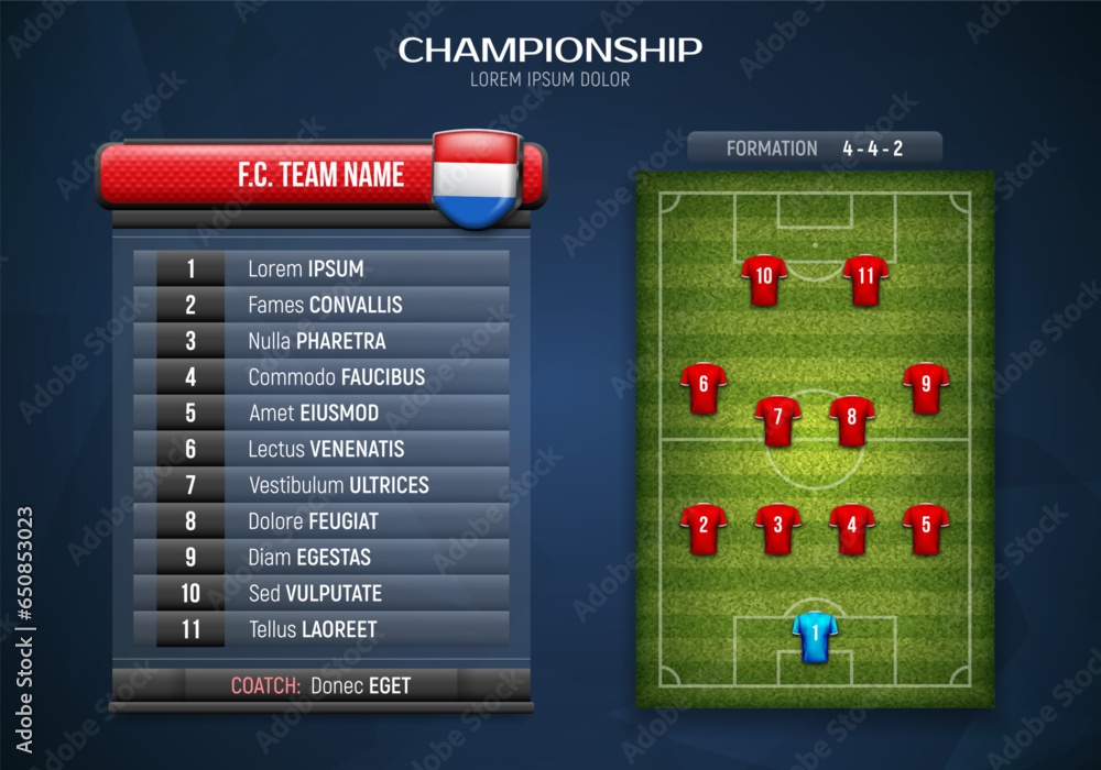 Sport scoreboard with team list and formation on soccer field. Vector ...