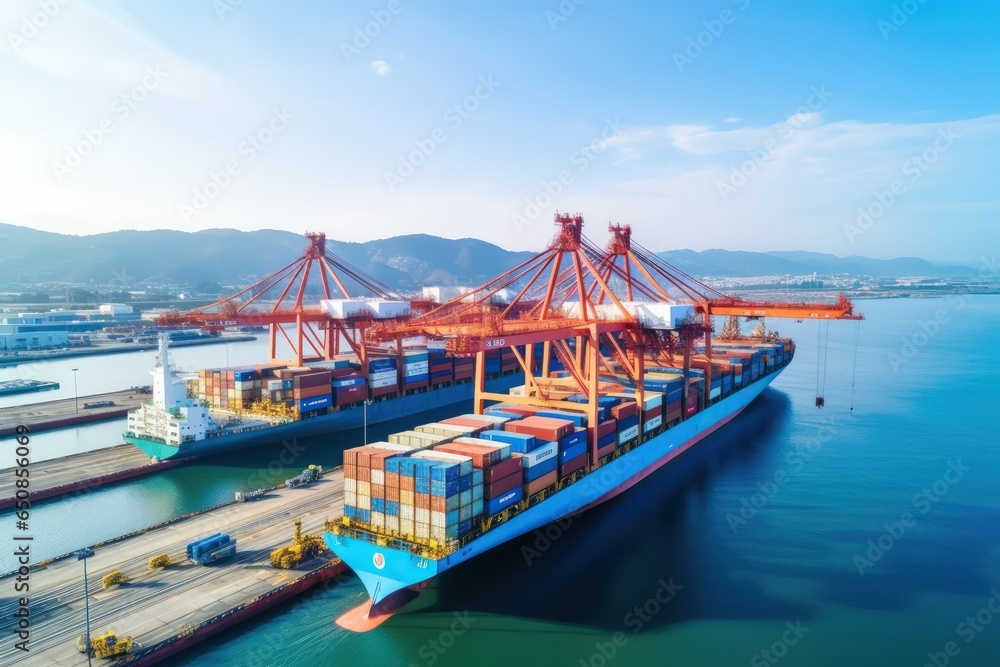 Aerial view of a busy seaport with cargo ships loading and unloading ...