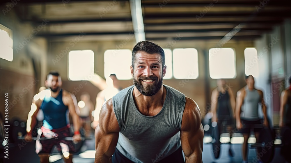 Crossfit man at gym, big muscle potential concept, heavyweight lifting ...