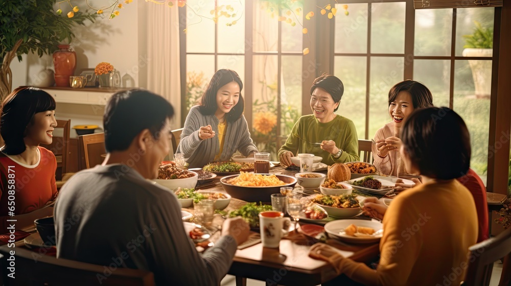 Big asian family dinner table , eating together,christmas and ...