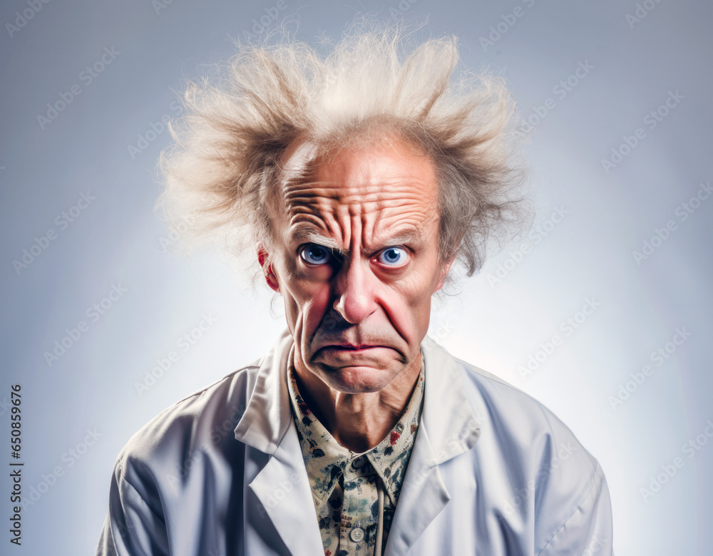 A character portrait of a mad scientist with wild hair and a lab coat ...