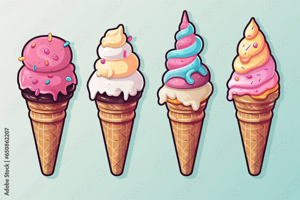 Ice cream Stickers, Flat cute ice cream cone sticker pack, A set of ice ...