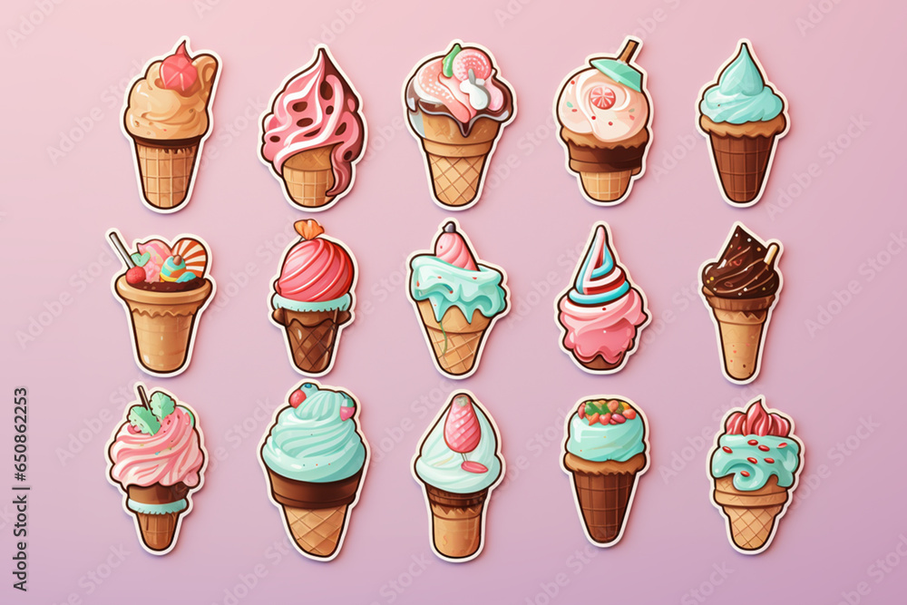Ice cream Stickers, Flat cute ice cream cone sticker pack, A set of ice ...