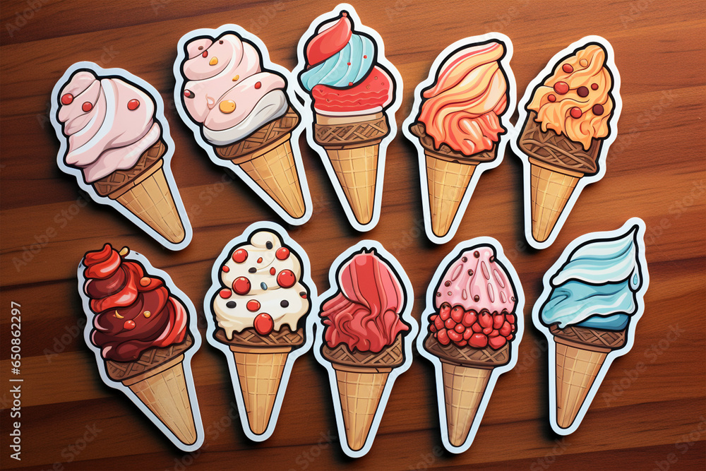 Ice cream Stickers, Flat cute ice cream cone sticker pack, A set of ice ...