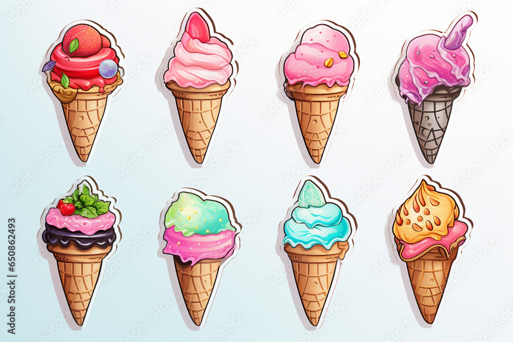 Ice cream Stickers, Flat cute ice cream cone sticker pack, A set of ice ...