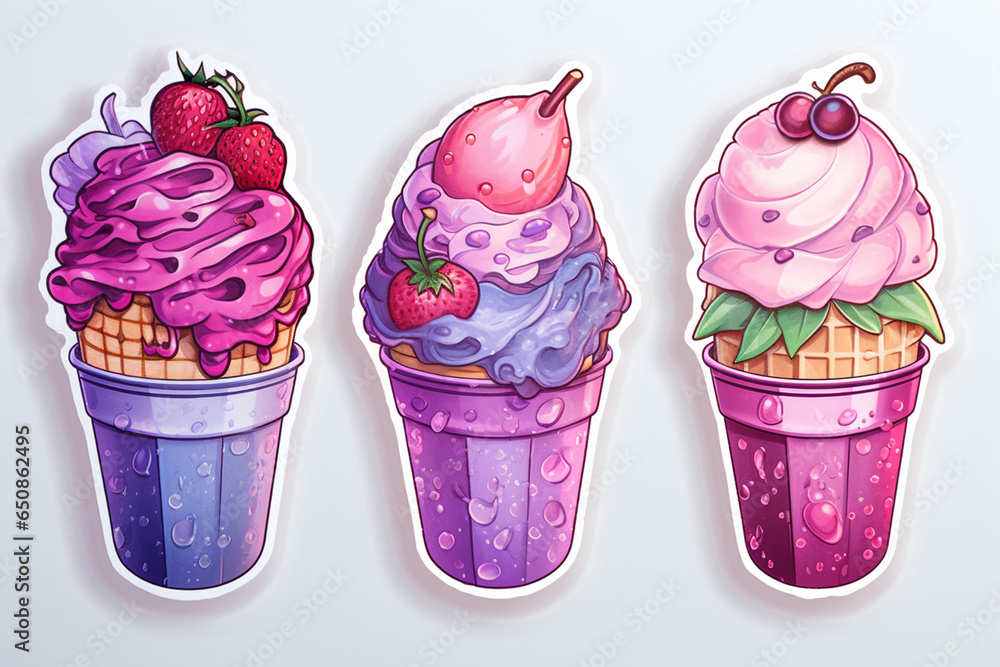 Ice cream Stickers, Flat cute ice cream cone sticker pack, A set of ice ...