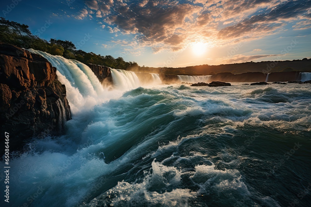Beautiful waterfall in the sunset. Wild and impressive waterfall in the ...