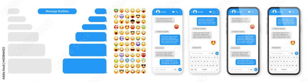 Smartphone messaging app, user interface design with emoji. SMS text ...