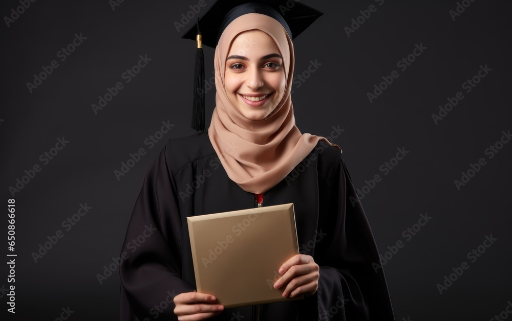 Graduated muslim girl student stands with mortar board hat on head and ...