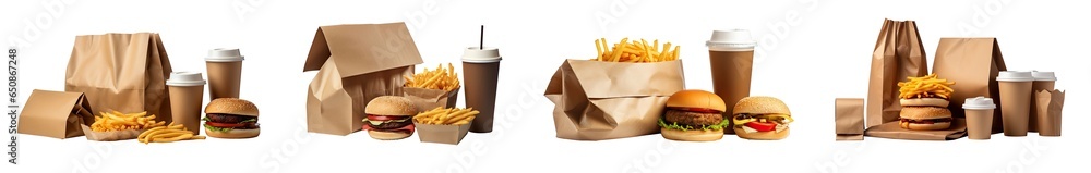 collection of fast food boxes in a recycle pack, delivery advertisement ...