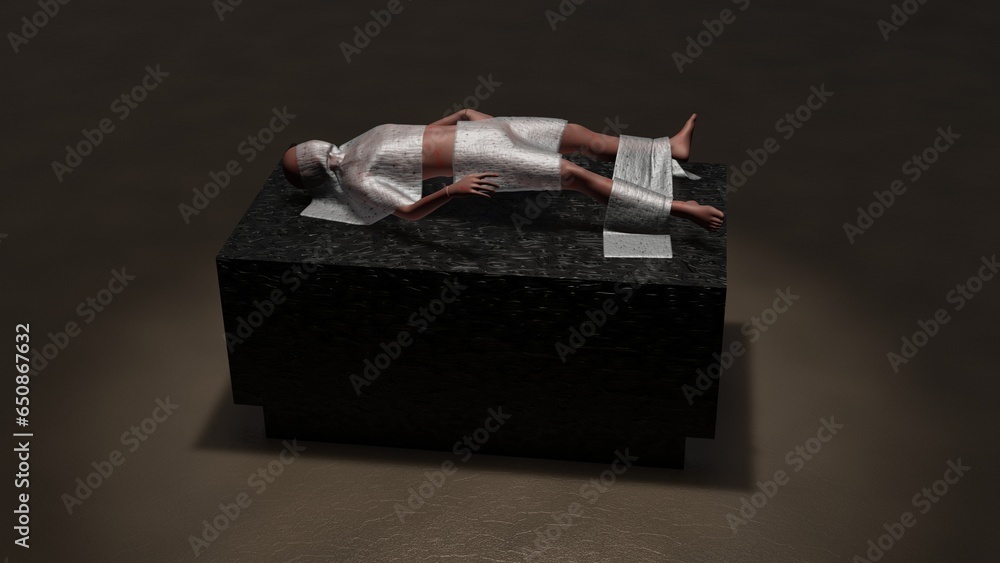 Human on stone slab. Person on ancient sacrificial platform. Woman ...
