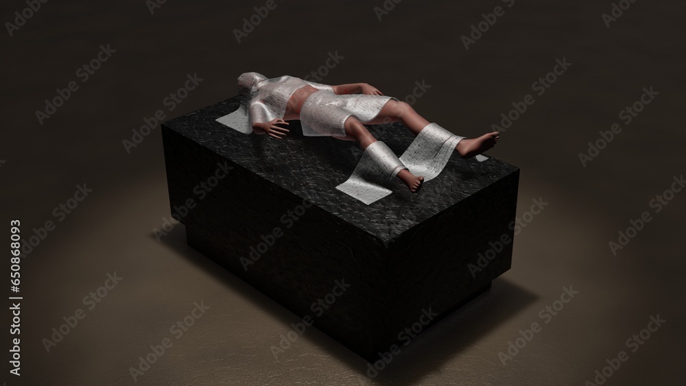 Human on stone slab. Person on ancient sacrificial platform. Woman ...