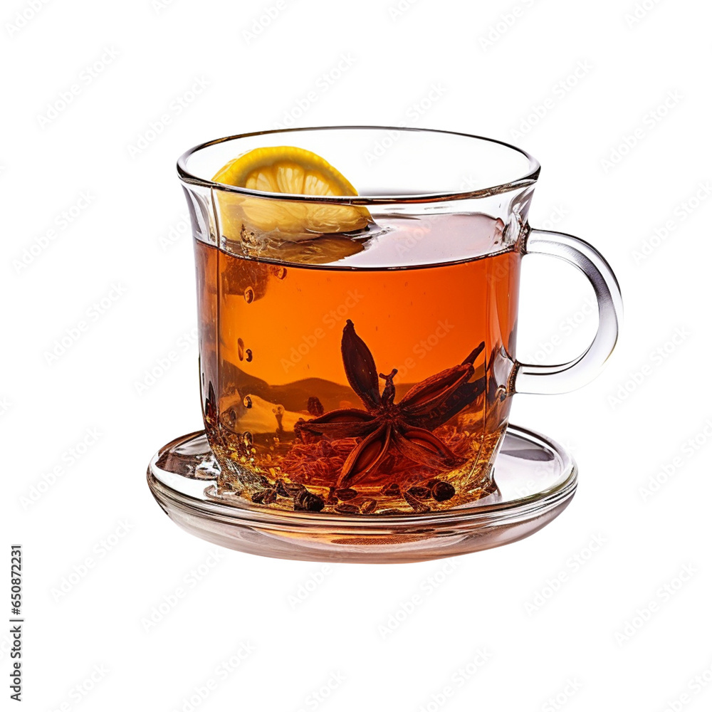 glass cup of hot aromatic tea, green tea, herbal tea, lemon tea with ...
