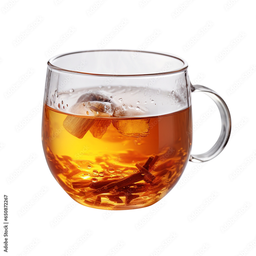 glass cup of hot aromatic tea, green tea, herbal tea, lemon tea with ...