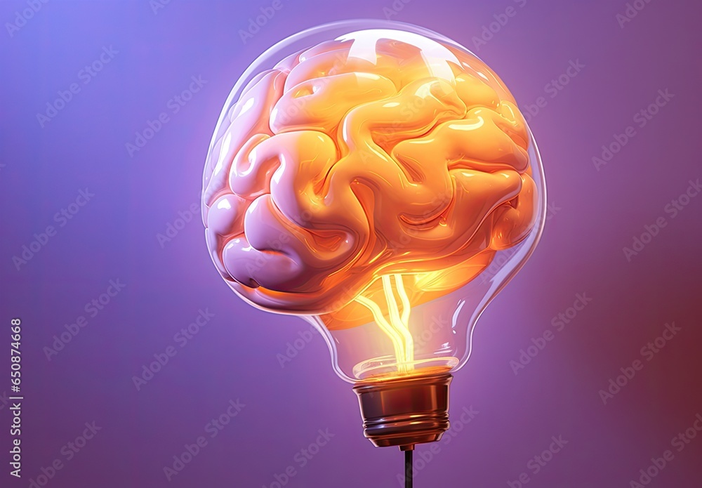 A lightbulb with a glowing brain inside. Conceptual visualization of ...
