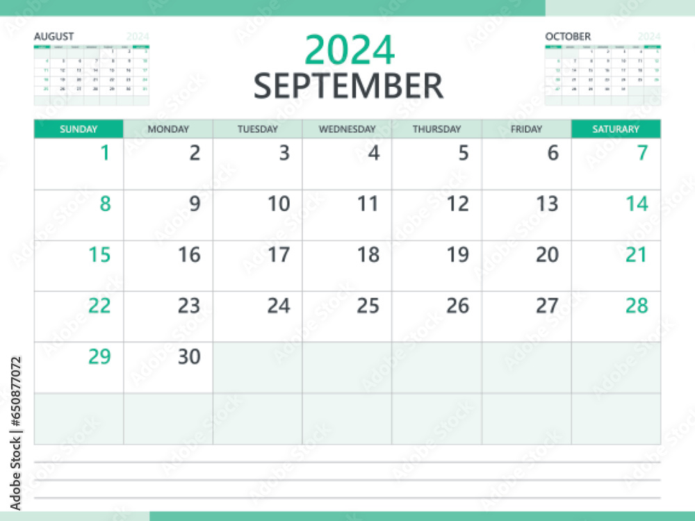 Calendar 2024 template vector on green background, September 2024 ...