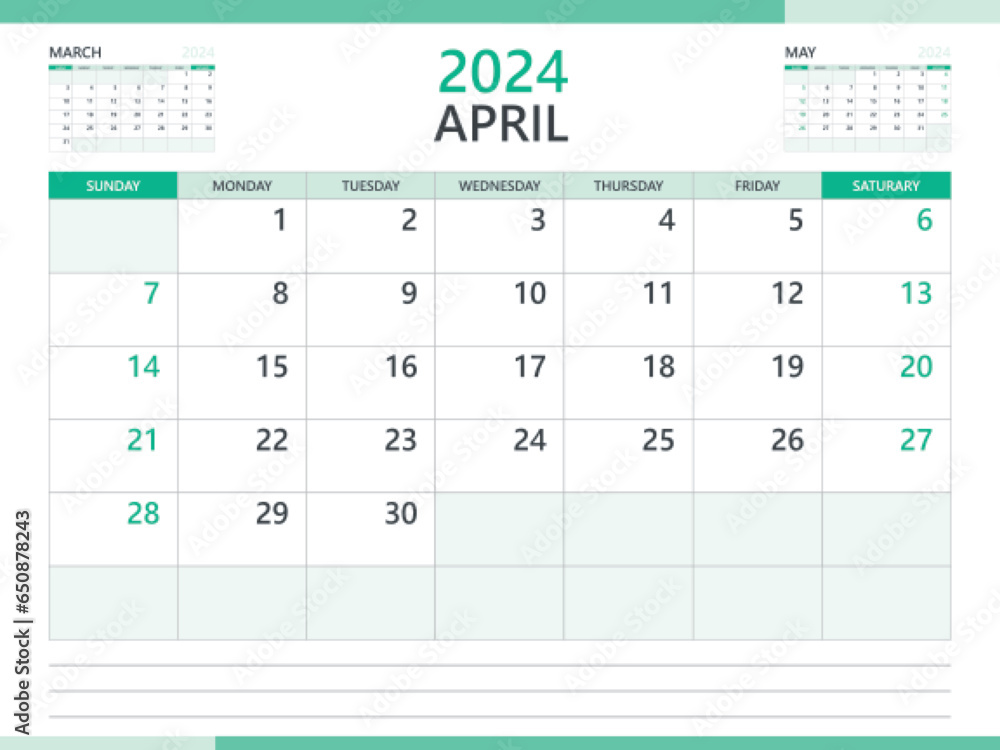 Calendar 2024 template vector on green background, April 2024 template ...