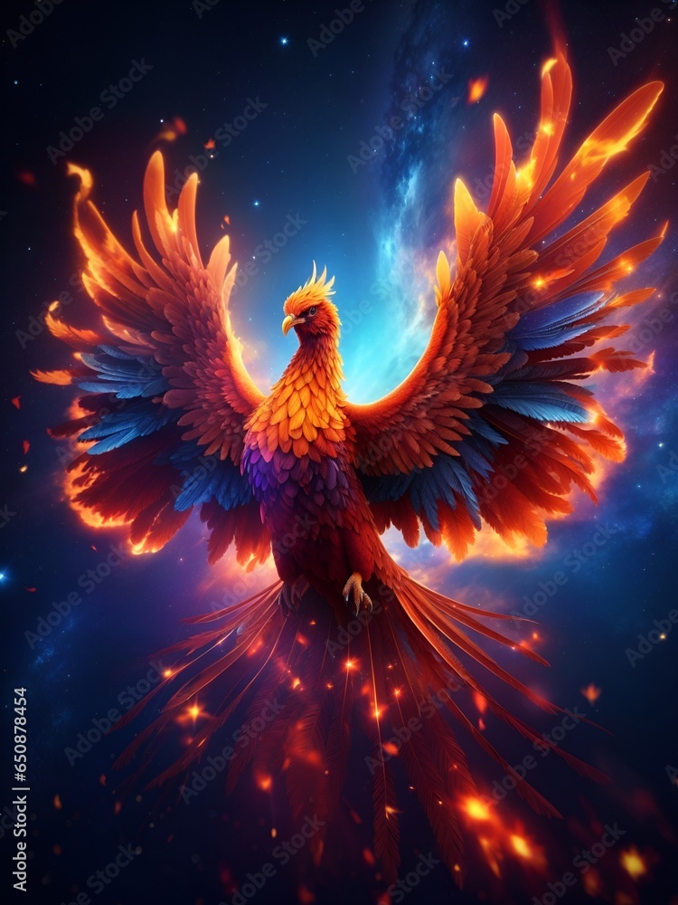cover page of a majestic phoenix bird soaring through the endless ...
