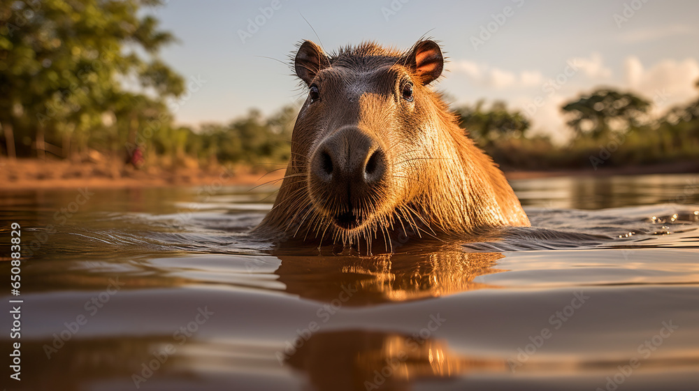 a Capybara (Hydrochoerus hydrochaeris) gracefully glides through a pond ...