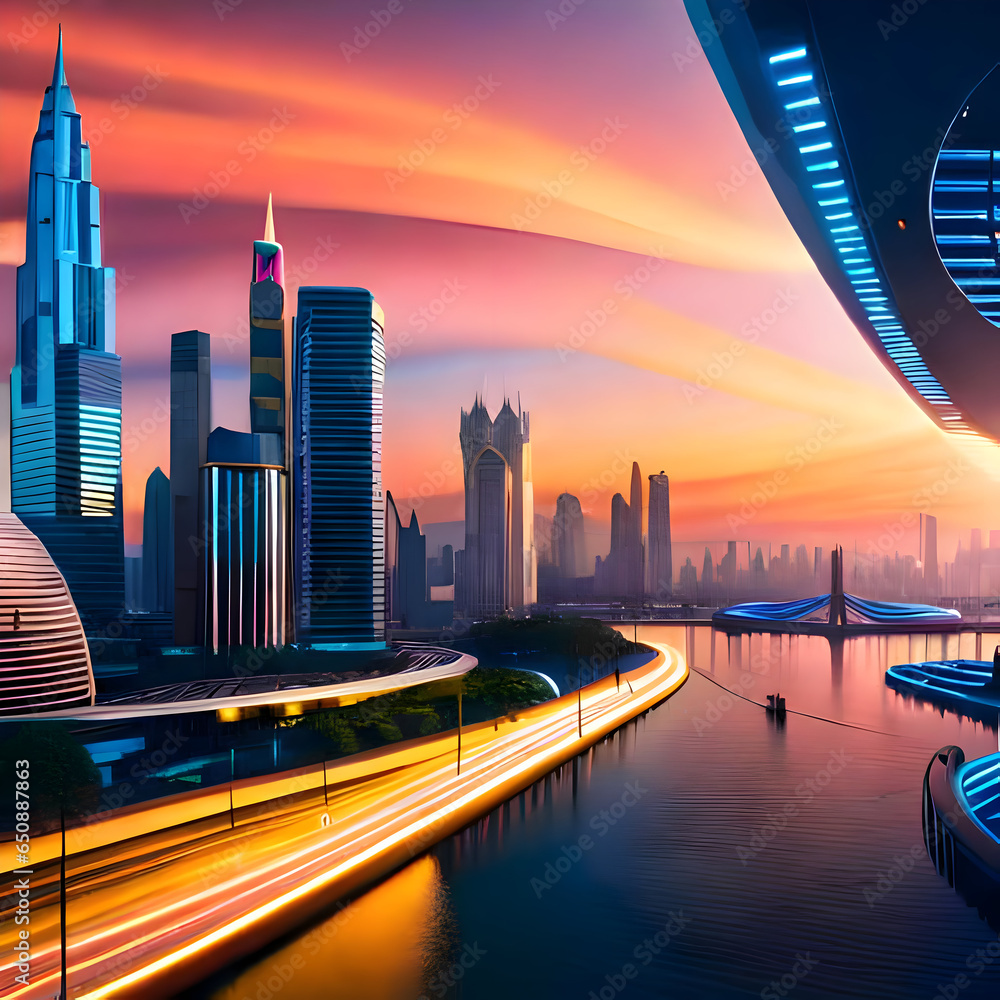 Futuristic city against yellow sunset sky with clouds, Futuristic ...
