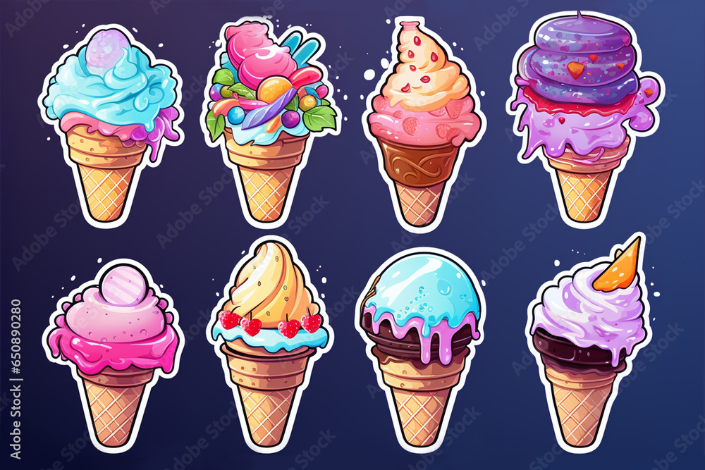 Ice cream Stickers, Flat ice cream cone sticker pack, A set of ice ...
