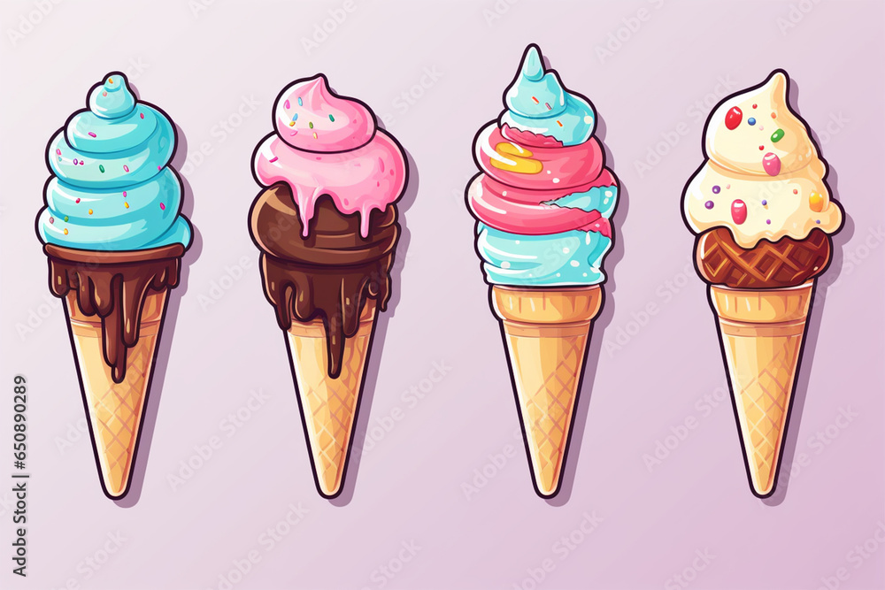 Ice cream Stickers, Flat ice cream cone sticker pack, A set of ice ...