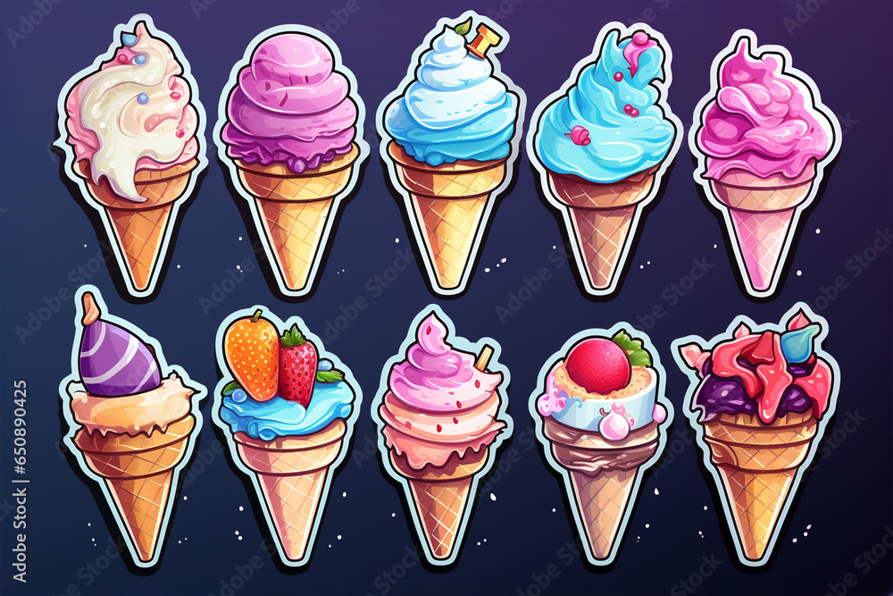 Ice cream Stickers, Flat ice cream cone sticker pack, A set of ice ...