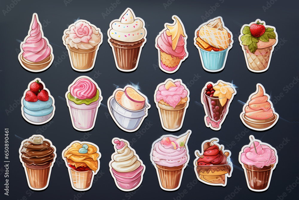 Ice cream Stickers, Flat ice cream cone sticker pack, A set of ice ...