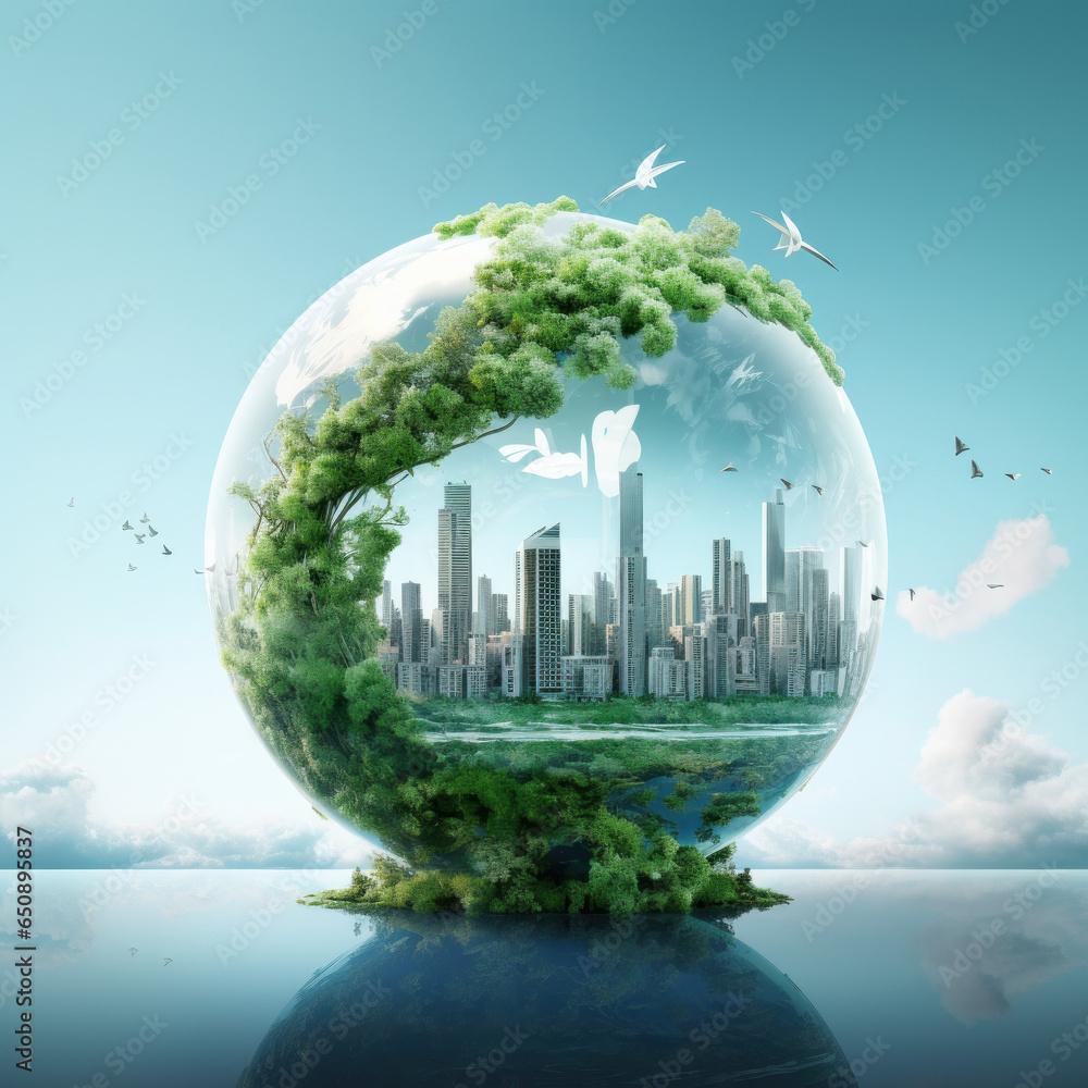 Planet Earth style crystal ball with buildings with trees over the sky ...