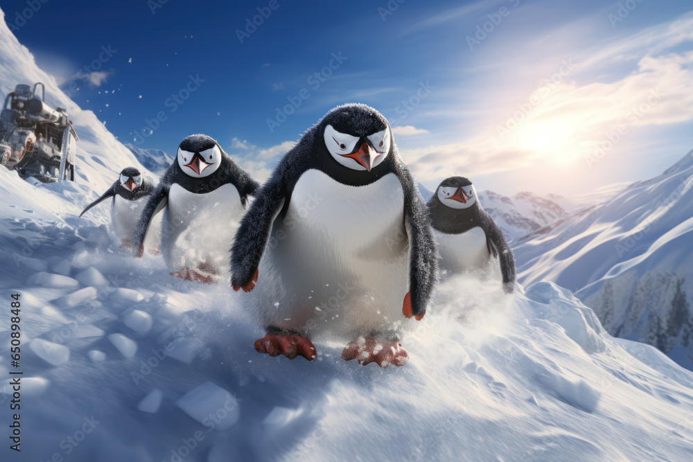 A clumsy penguin sliding on its belly across an icy slope, its fellow ...