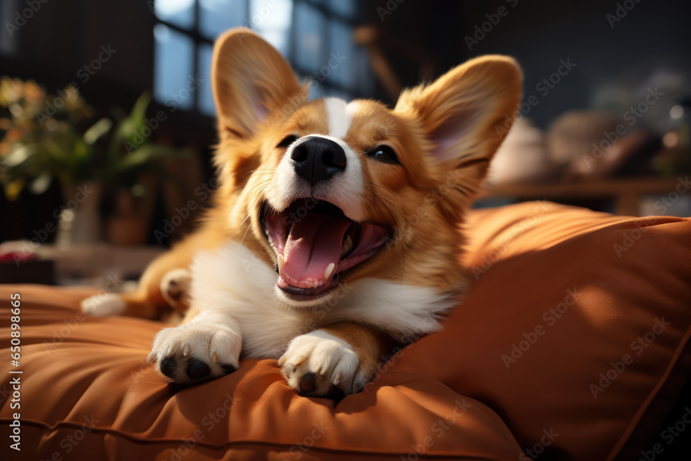 A plump, contented corgi sprawled on a couch, its short legs sticking ...