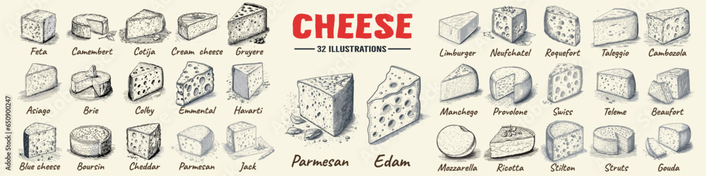 Hand drawn pieces of cheese.Vector set of realistic outline dairy ...