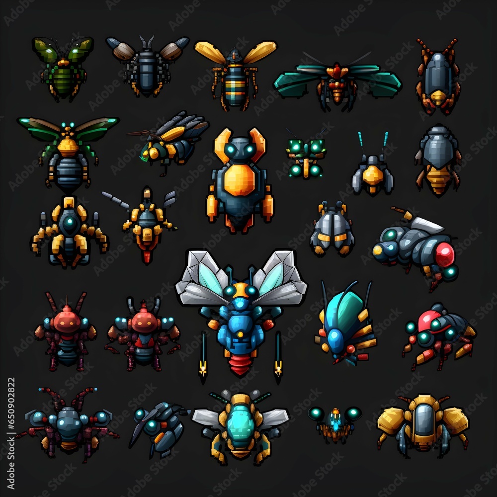sprite sheet top down view cartoon scifi bug black background Stock ...