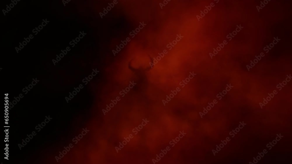 Horned evil demon stands inside gloom. Spooky angel 2D animation ...