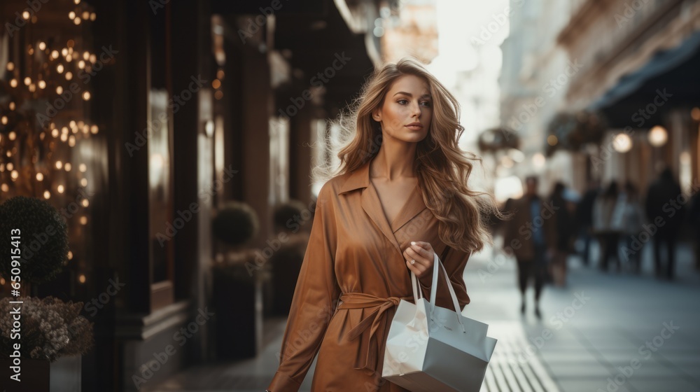 a beautiful model woman walking with shopping bags buying clothes in ...