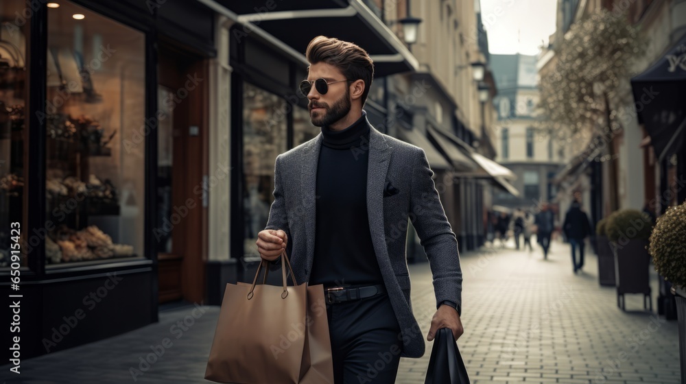 a handsome model man walking with shopping bags buying clothes in ...