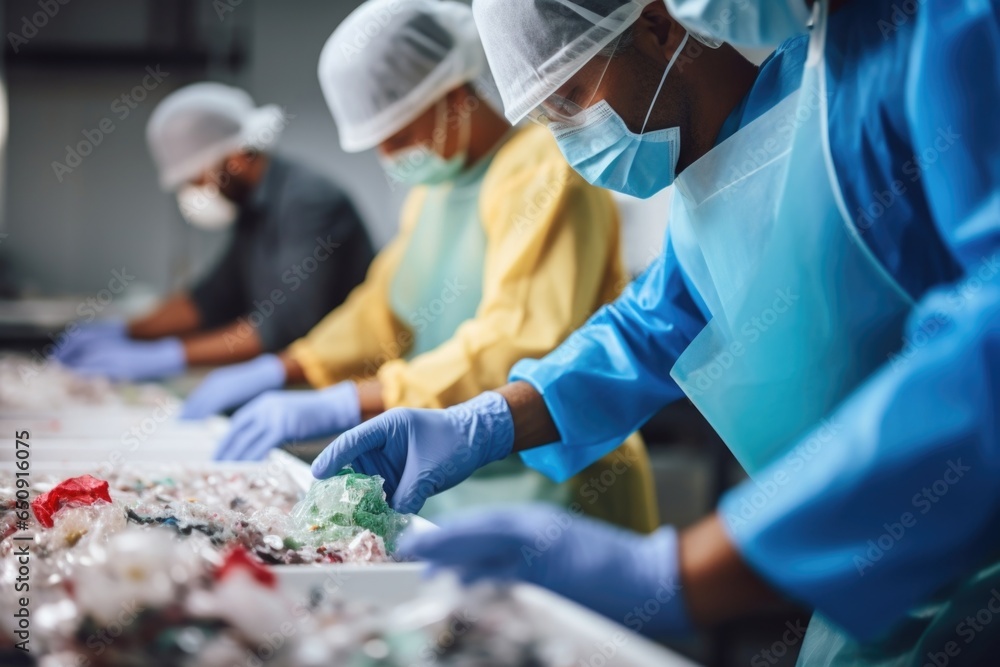 Closeup image of a team of workers meticulously sorting and segregating ...