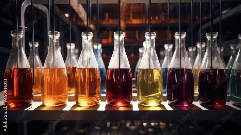 Detailed image of a row of glass fermentation vessels, each with a ...