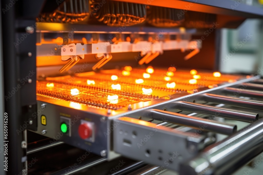 Closeup view of a reflow oven, showcasing a PCB loaded with components ...