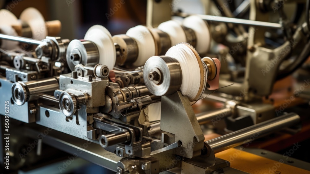An upclose scene of a mechanical bobbin winder, capturing the intricate ...