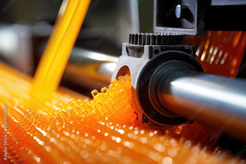 Detailed image of a plastic extrusion machine, portraying the melting ...