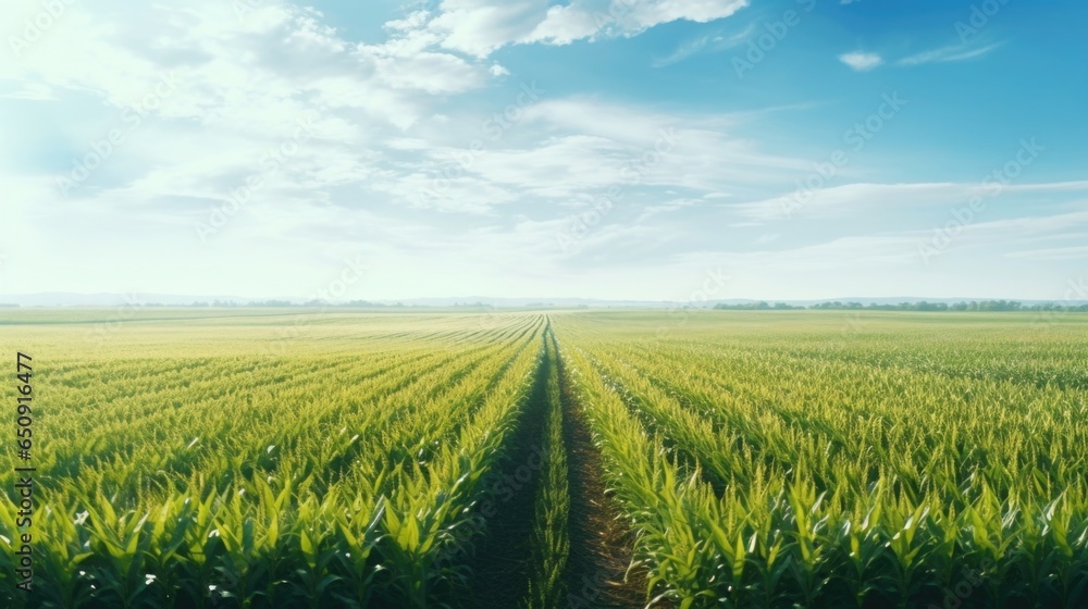 An aerial view showcases a vast field of corn stretching out towards ...