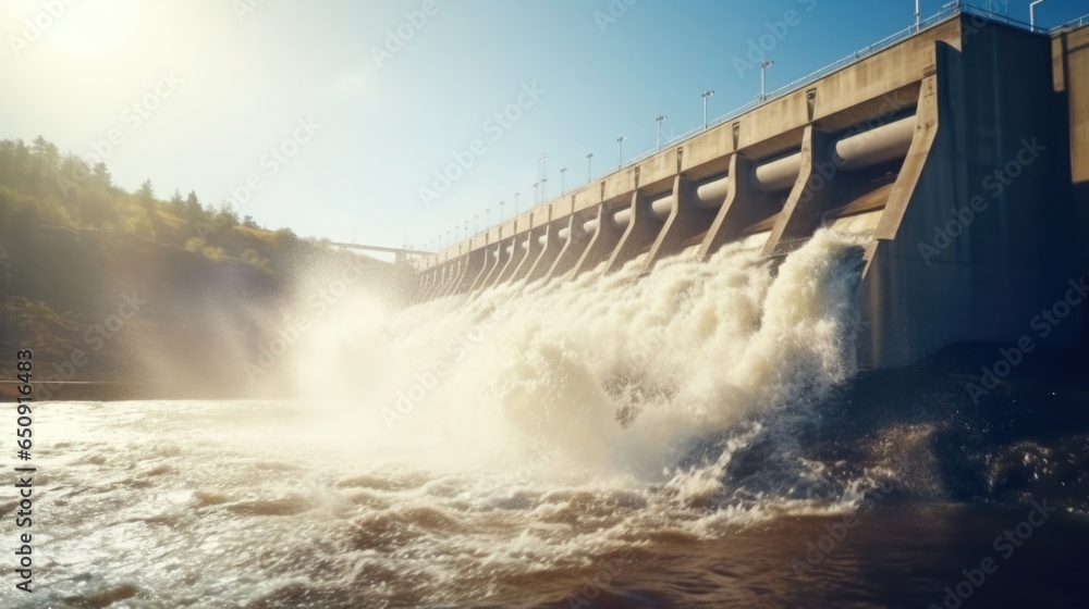 Detailed image of a massive hydroelectric dam, capturing the rushing ...
