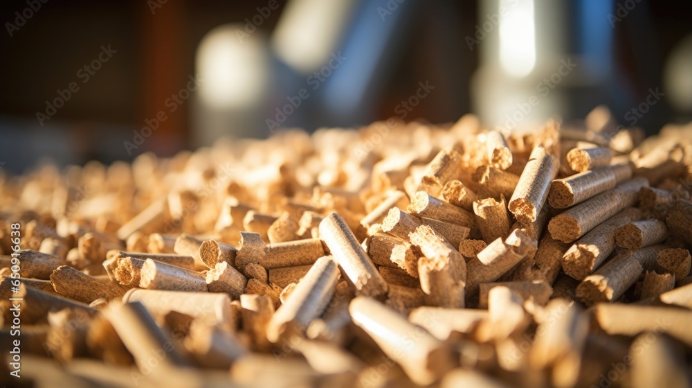 Closeup scene of a stack of compressed biomass pellets, showcasing the ...