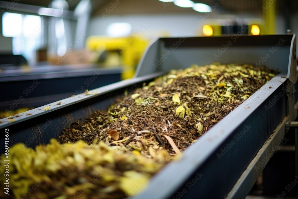 The camera focuses on a conveyor belt carrying a continuous stream of ...
