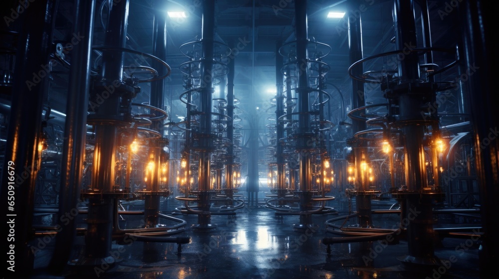 The camera captures an intricate array of distillation columns, where ...