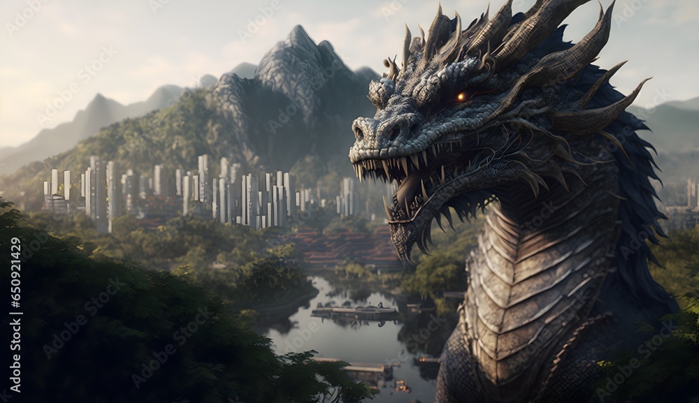 A giant Chinese dragon looms over a heavily forested city Fantasy ...