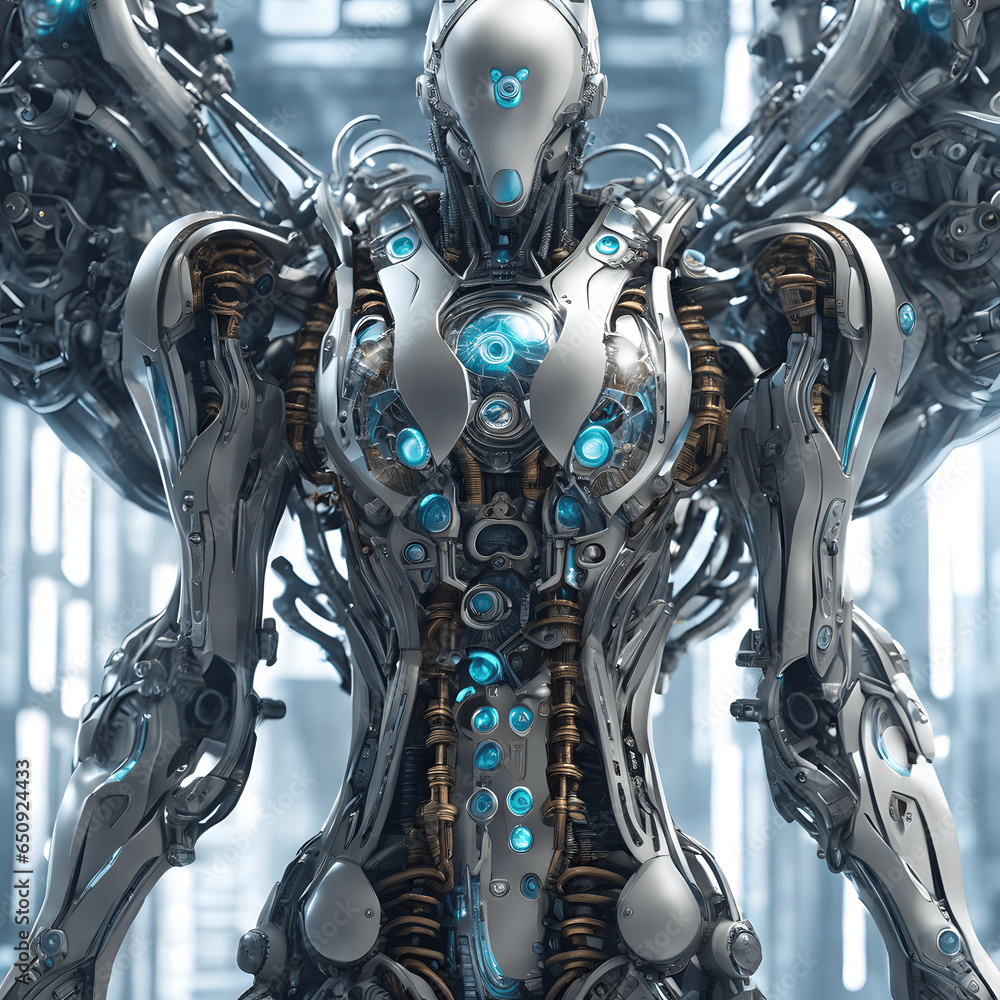 Envision a biomechanical creature, part-machine, part-organic, roaming ...