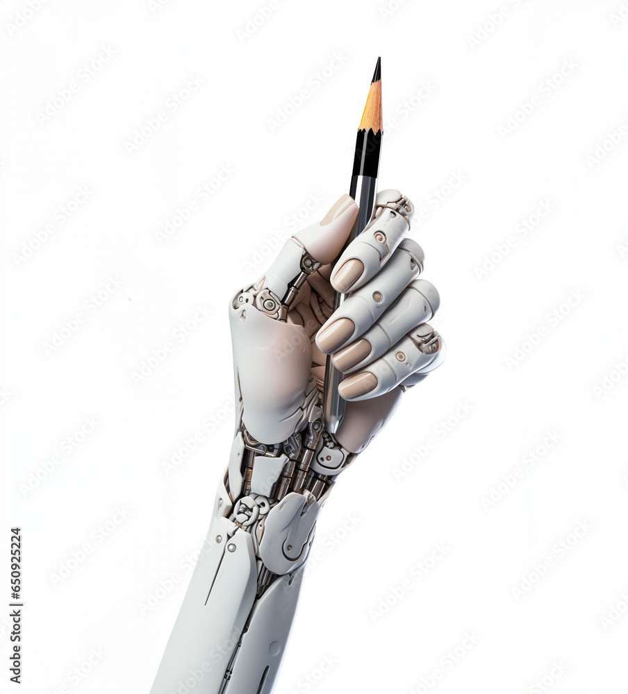 A pencil in an artist female robot hand on a white background. The ...